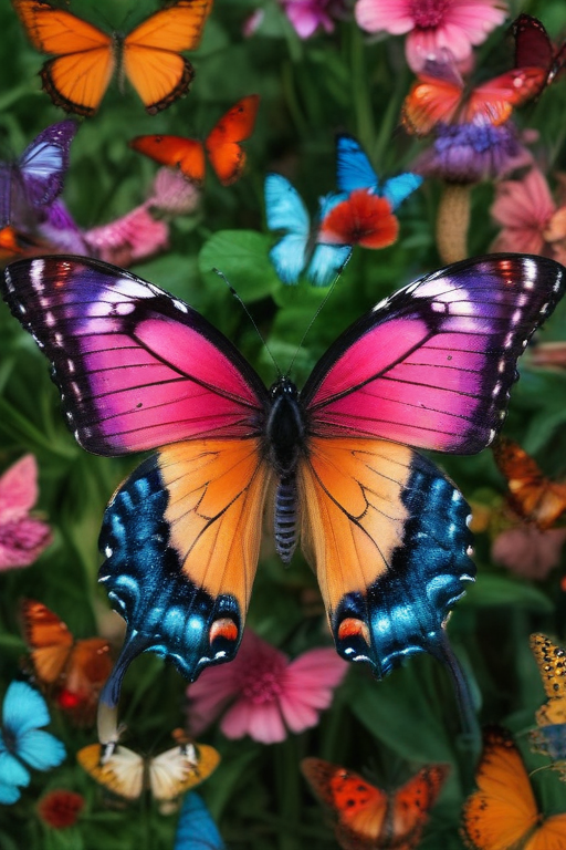 A Vibrant Garden Filled with Colorful Butterflies in Full Bloom