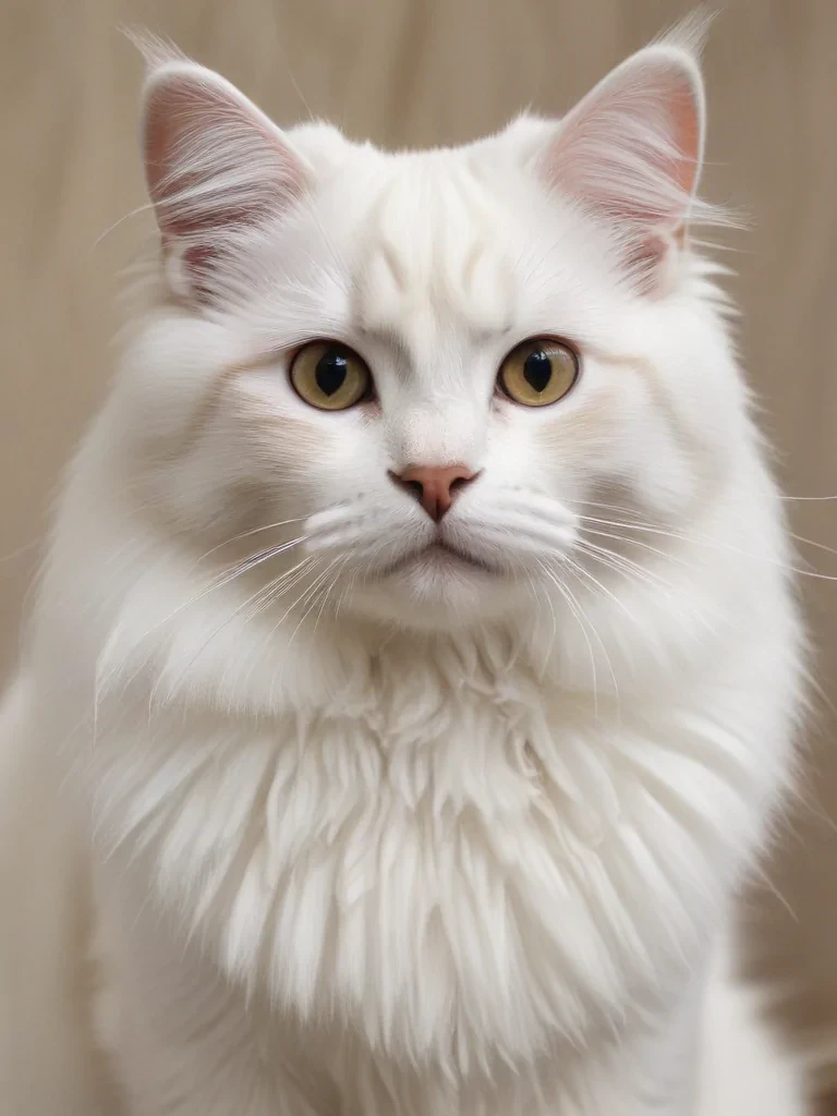 Elegant White Cat with Fluffy Fur and Captivating Golden Eyes