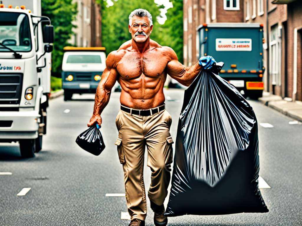 realistic handsome older muscular garbagemen from behind carrying black ...