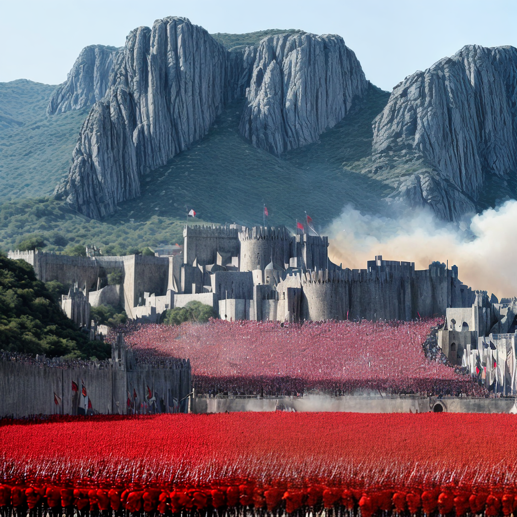 Fire Nation Army with banners Marching On The Gates Of Kings Landing