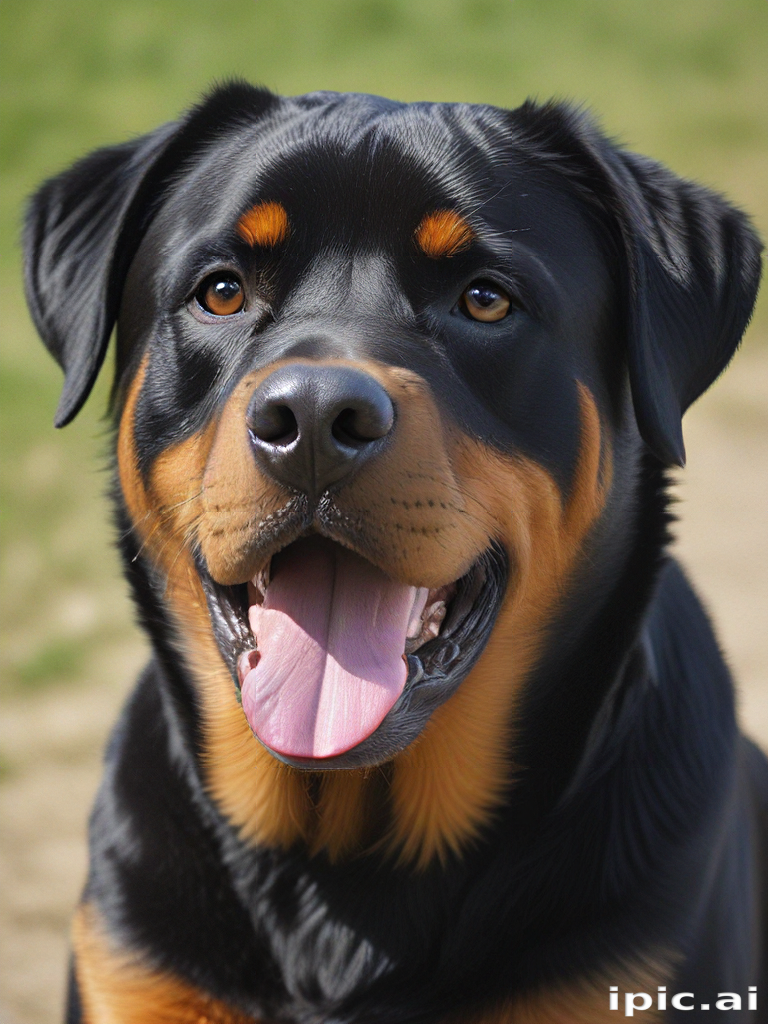 A Happy Rottweiler Dog Smiling Joyfully in a Lush Green Field.