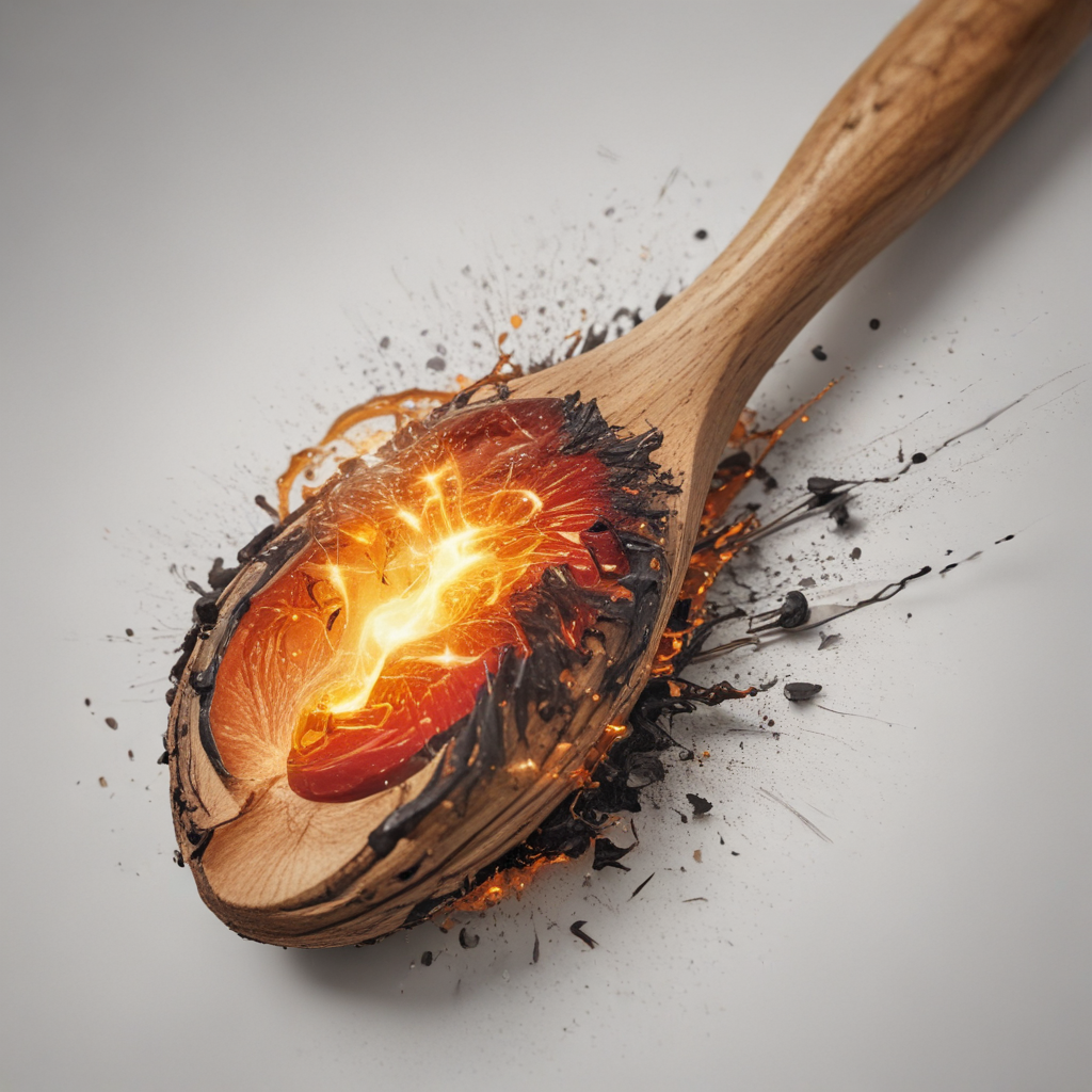 Fiery Energy Emanating from a Wooden Spoon Surrounded by Chaotic Sparks