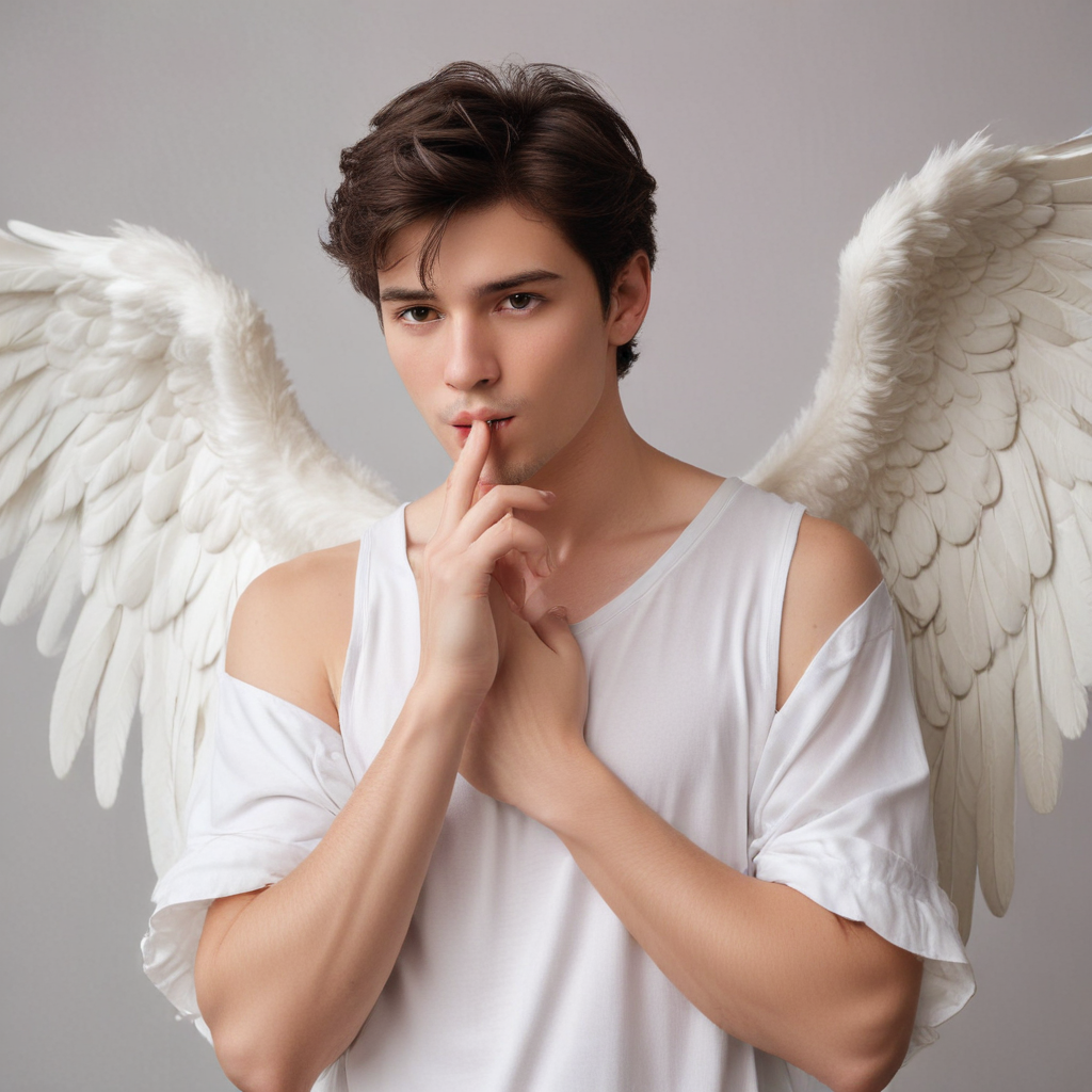 Full body angel puting his hand next to his mouth in order to whisper
