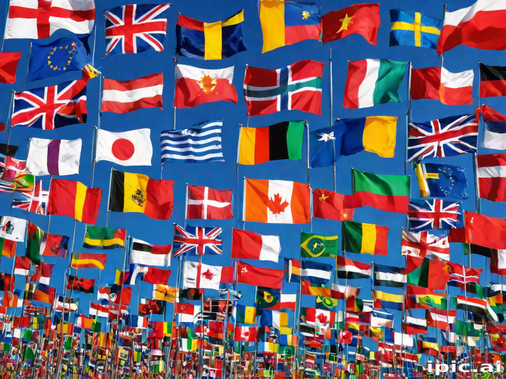 A Vibrant Display of International Flags Against a Clear Blue Sky