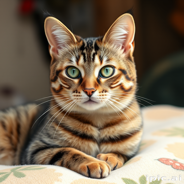 A Beautiful Bengal Cat with Striking Green Eyes Relaxing on a Cozy Blanket.
