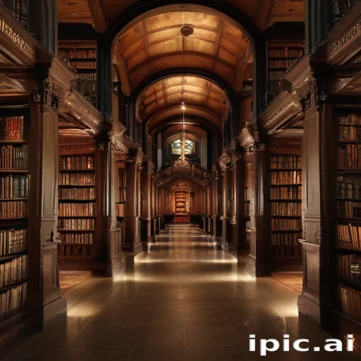 A Majestic Library Hallway Lined with Ancient Books and Warm Lighting