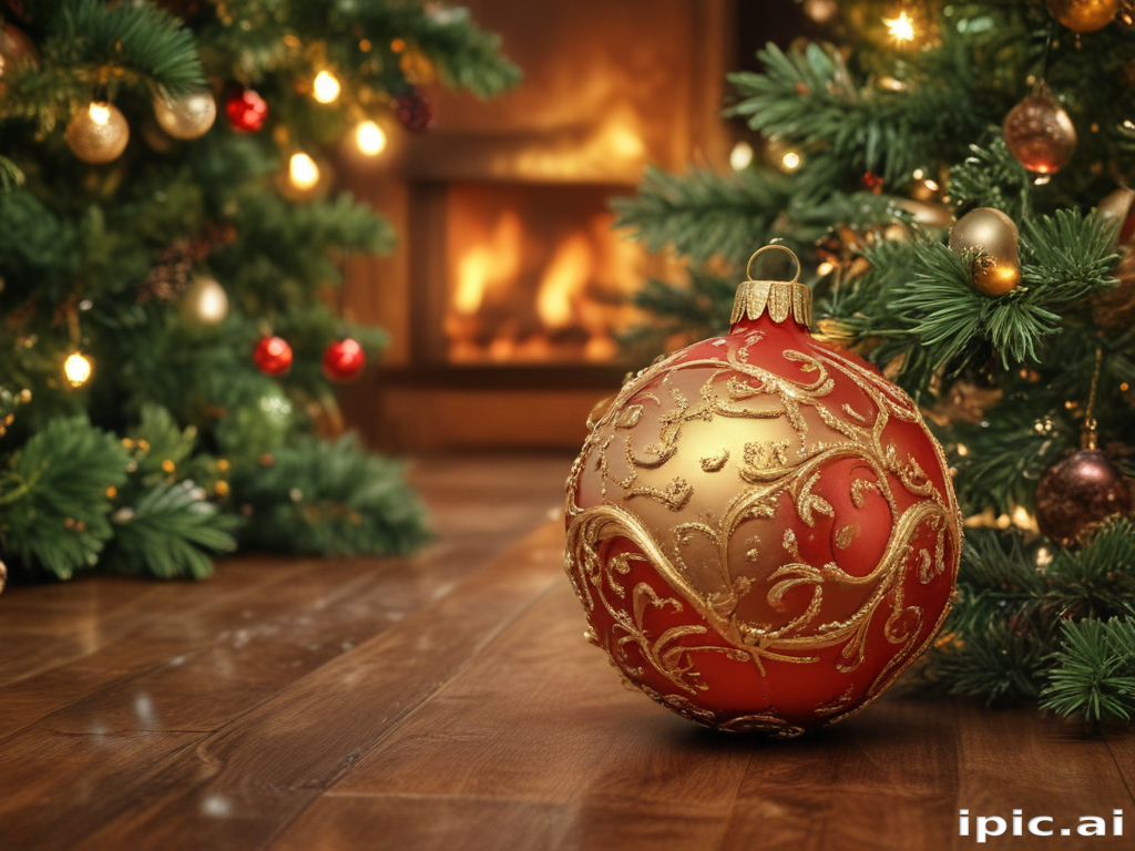 Festive Christmas Scene with Beautiful Ornaments and Warm Glow of Fireplace