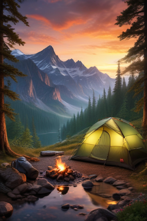 Serene Camping Scene at Sunset with Tent and Campfire by Mountains