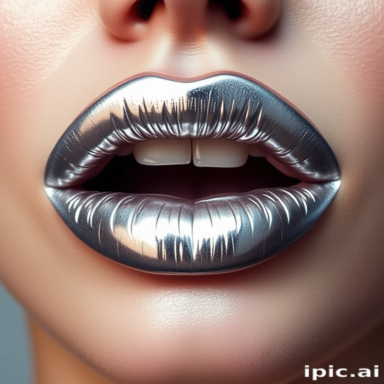 Close-Up of Glossy Metallic Lips with Subtle Shine and Texture Details