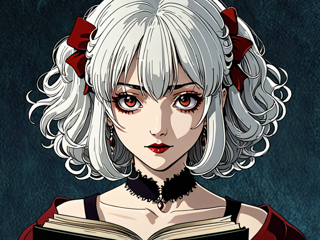 Ghibli 2d anime Manga woman vampire white curly hair Dark creepy book ...