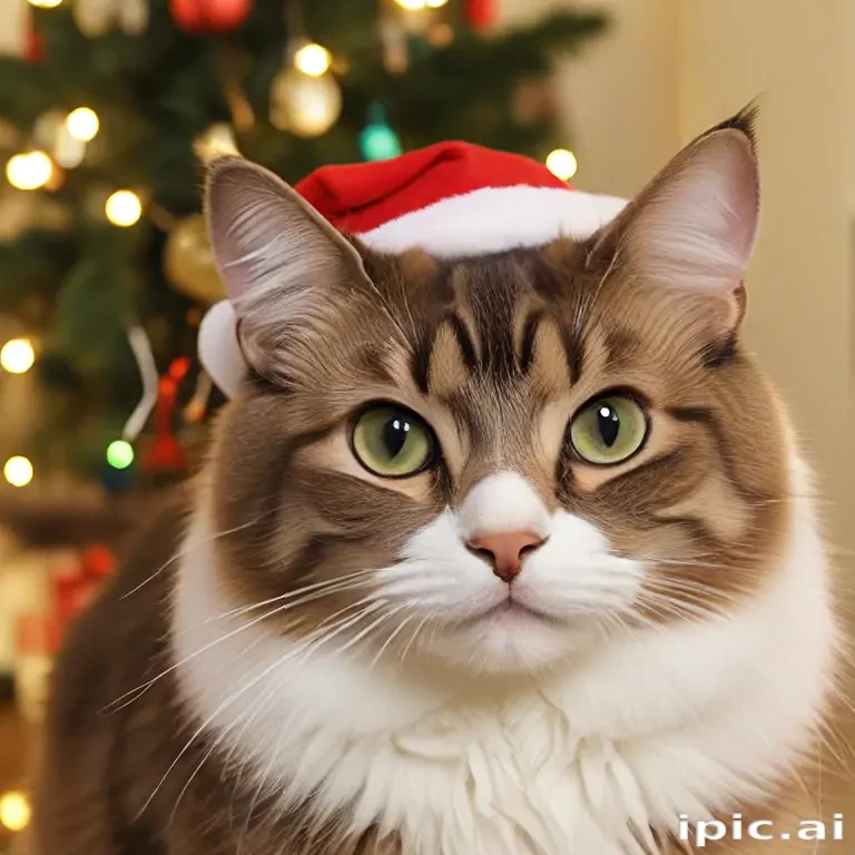 Adorable Cat Dressed in Santa Hat Against a Festive Christmas Tree ...