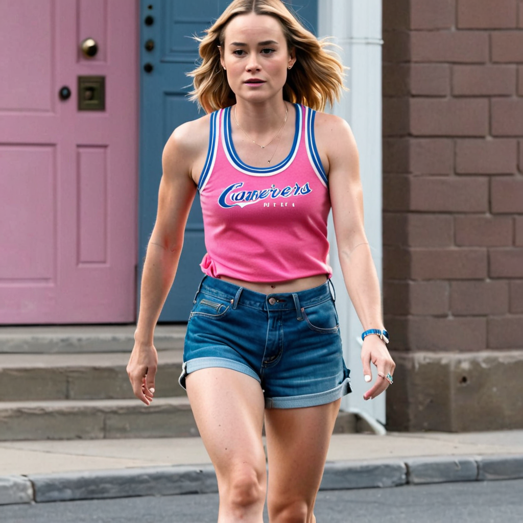 Mcu Brie Larson Carol Danvers Standing in Pink Tank Top, Blue Jean ...