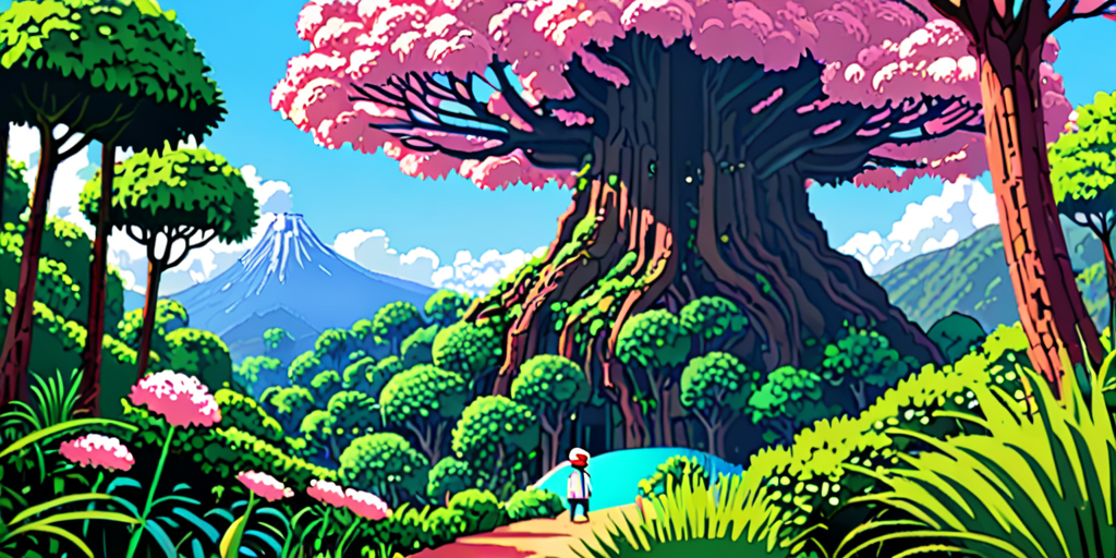 pixelart beautiful cute , art, ghibli, sun, big trees, jungle, pink, pastell, cozy, fancy ...