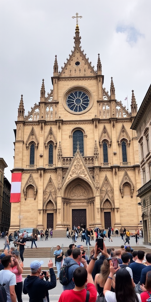 Visitors Admire the Stunning Gothic Architecture of a Historic Cathedral