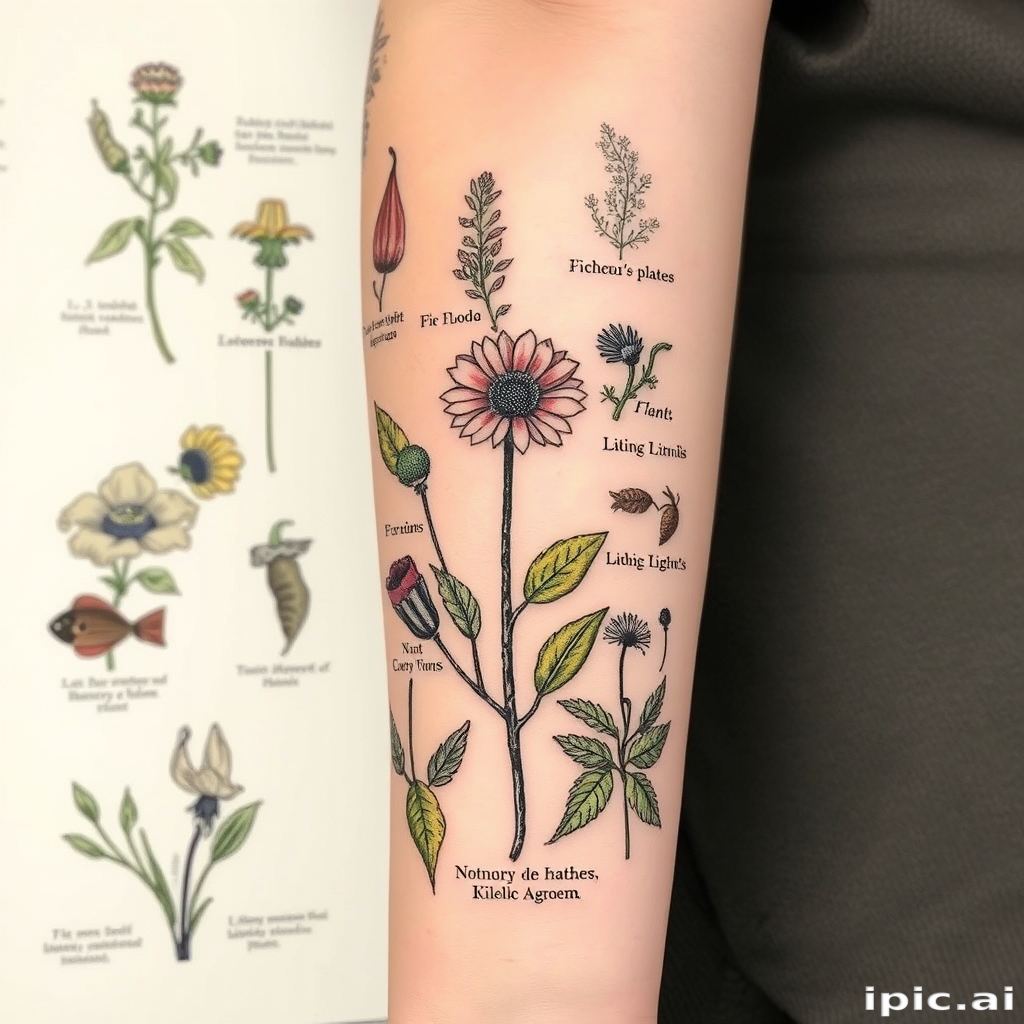 Artistic Botanical Tattoo Featuring Various Plants and Flowers on Forearm