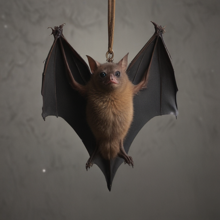 A Cute Bat Hanging from a String with Wide Open Wings.