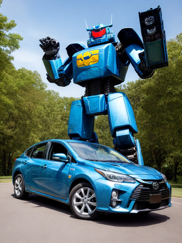 giant transformer robot with parts from a toyota prius car