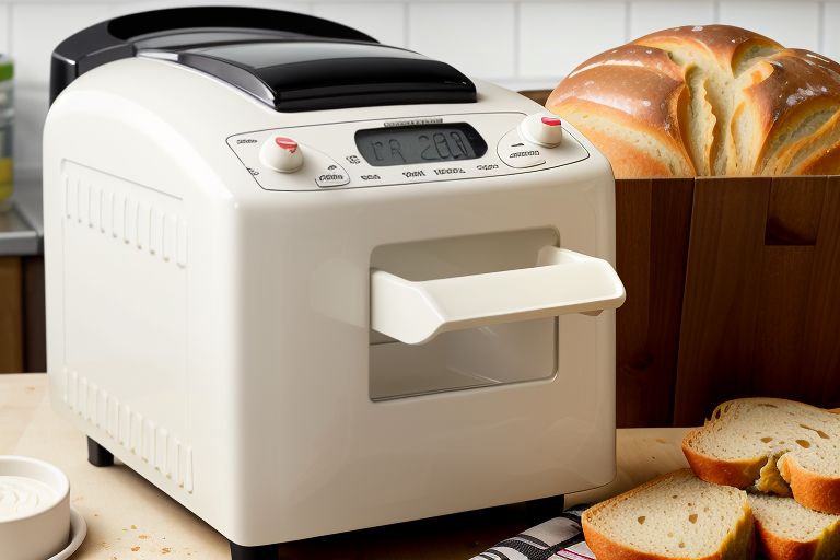 Modern Bread Maker on Kitchen Counter Surrounded by Freshly Baked Bread