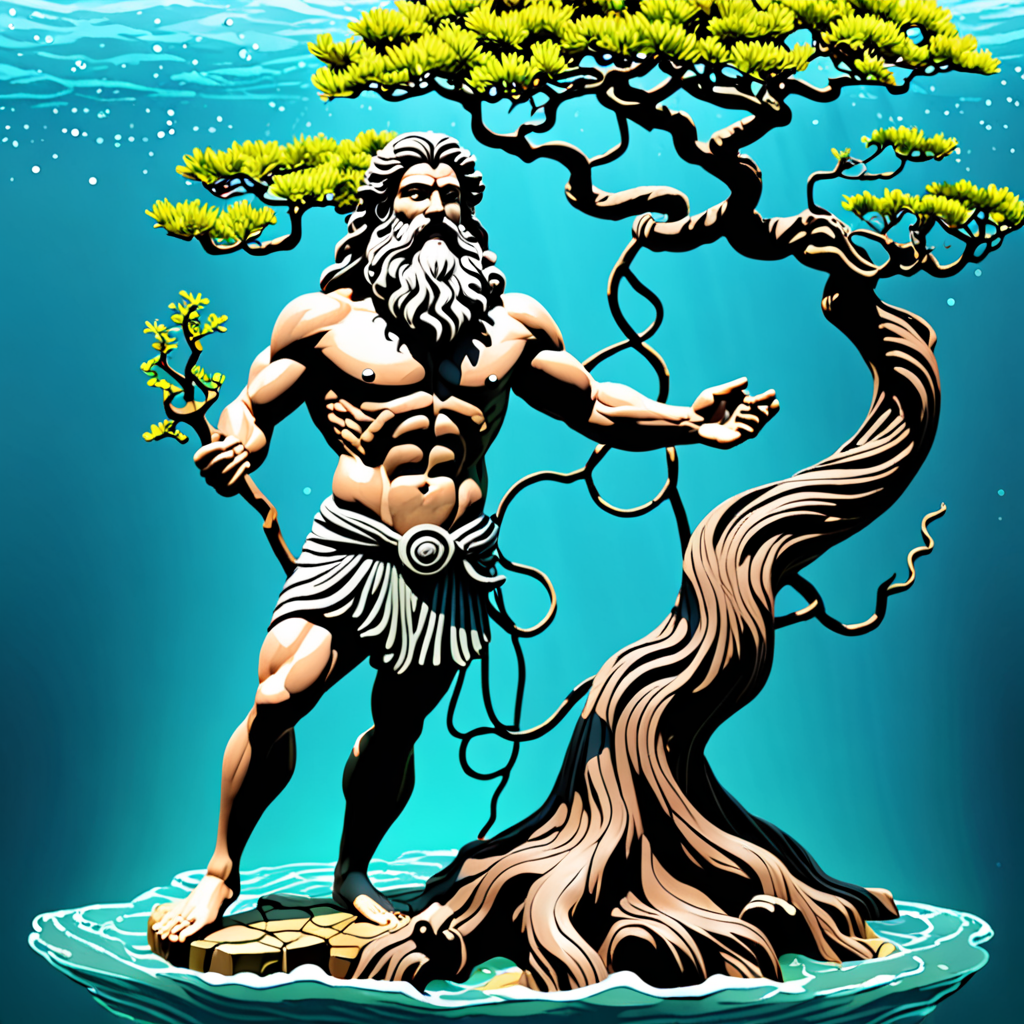 Cartoon of Poseidon wiring a bonsai tree in the depths of the sea