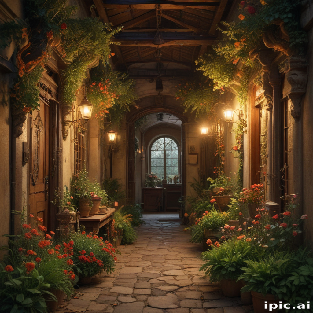 Charming Garden Passageway Filled with Lush Plants and Soft Lantern Light