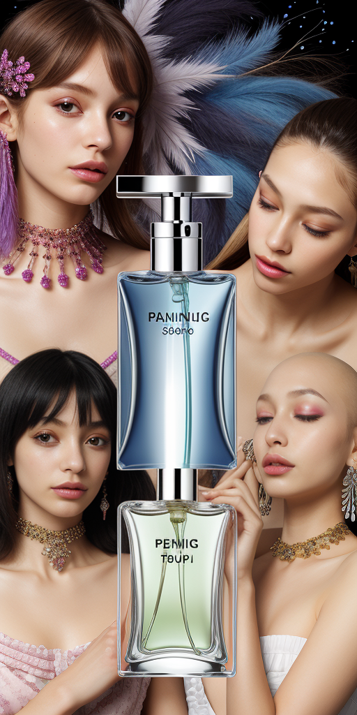 Elegant Perfume Display Featuring Diverse Models and Chic Fragrance Bottles