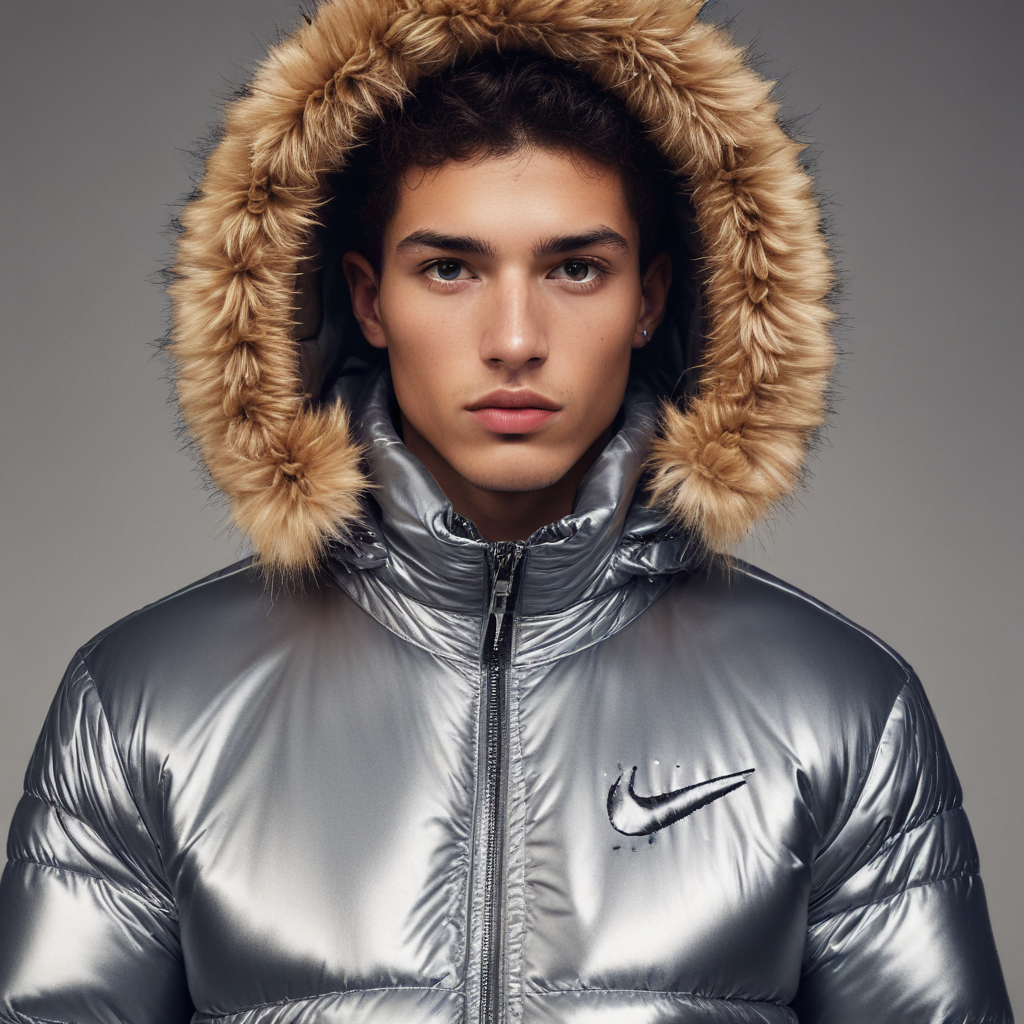 Male supermodel nike shiny puffer jacket bling jewellery hood