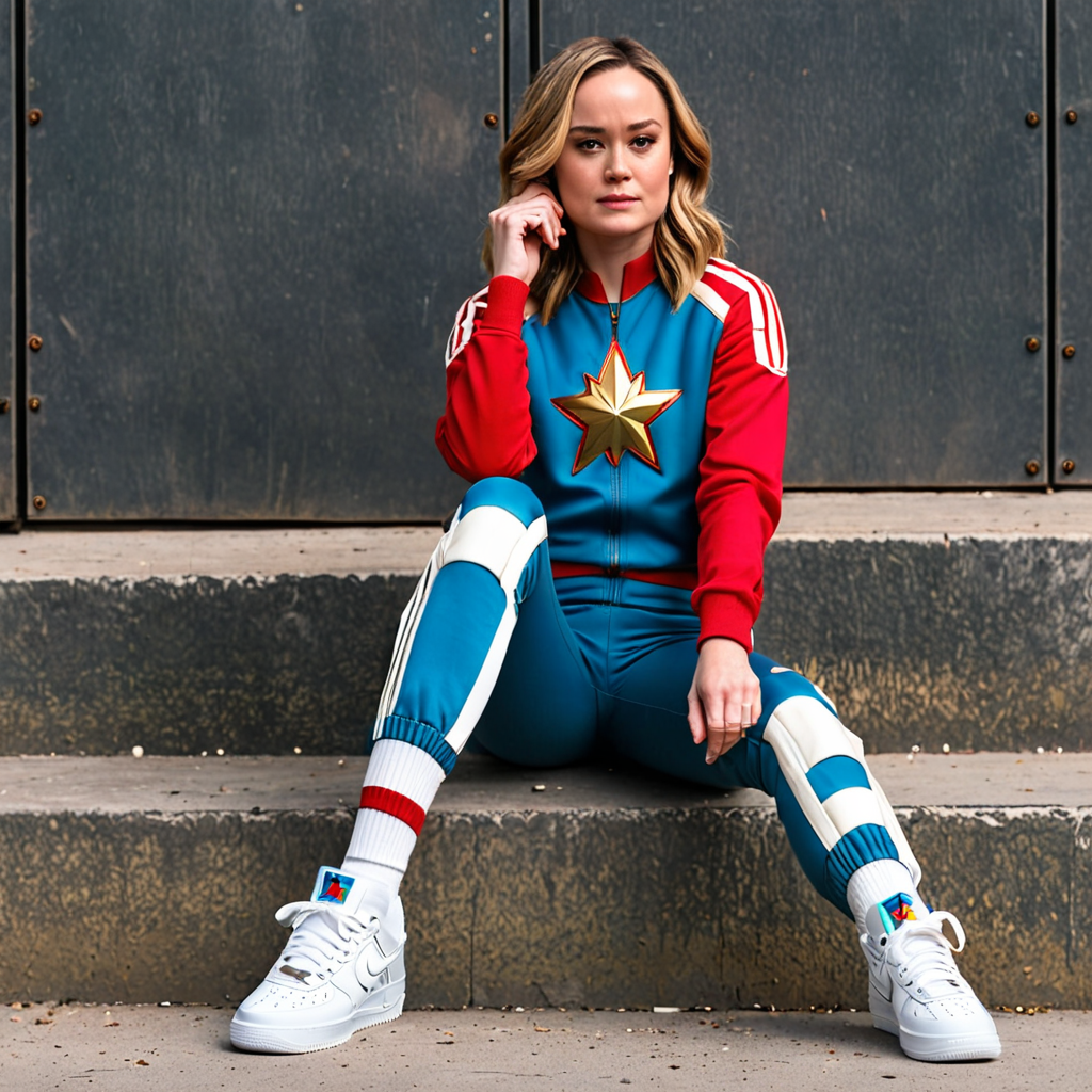 Brie Larson Carol Danvers sitting in her Captain Marvel Costume, White ...