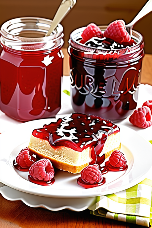 Delicious Raspberry Jam and Tasty Dessert with Fresh Berries on Plate