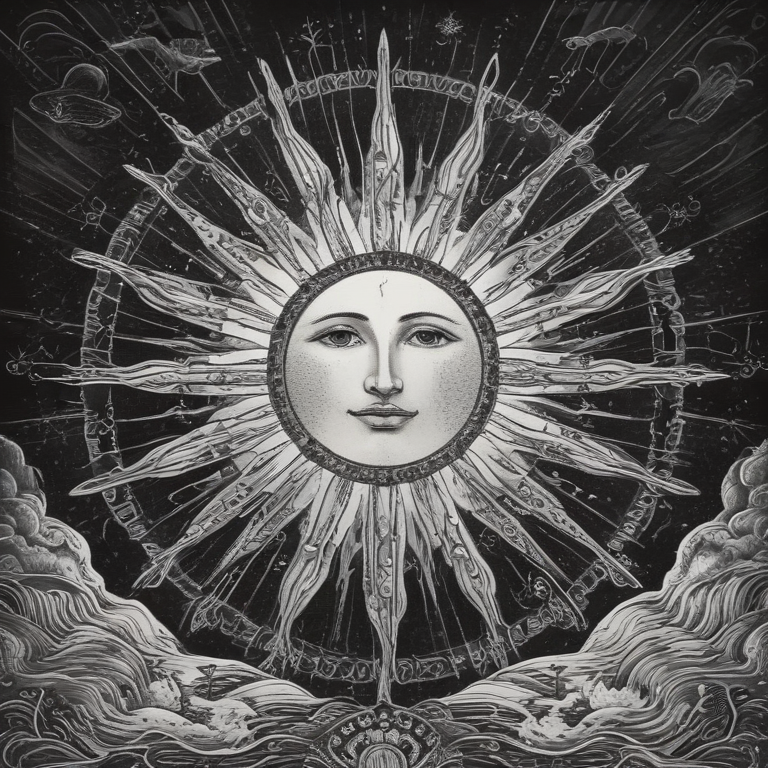 a black and white drawing of a sun with wavy sun rays in style of a ...