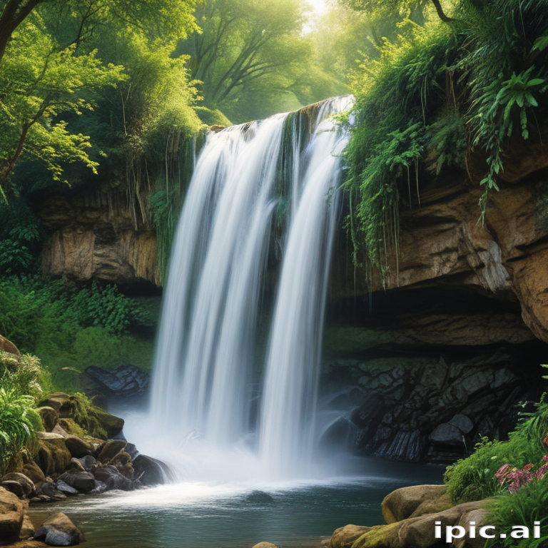 Serene Waterfall Cascading Through Lush Greenery in a Tranquil Forest ...