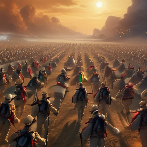 A Vast Army Marching Towards the Distant Horizon Under a Golden Sunset
