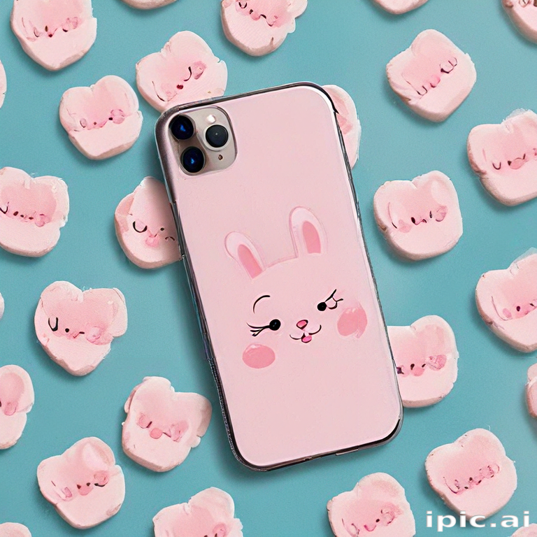 Playful Bunny Phone Case Surrounded by Cute Pink Marshmallow Hearts
