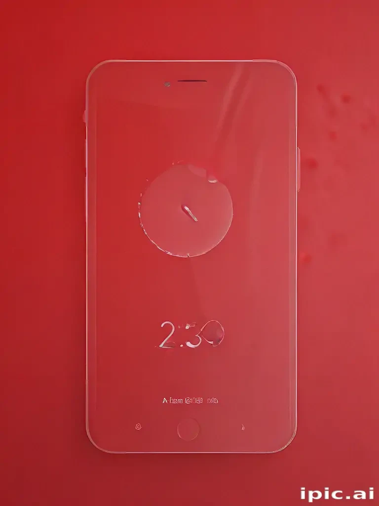 Transparent Smartphone Displaying Time on a Bright Red Background
