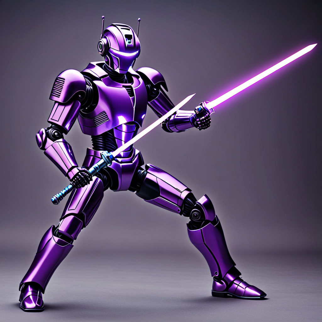 a super technological purple robot with an energy sword going after a ...
