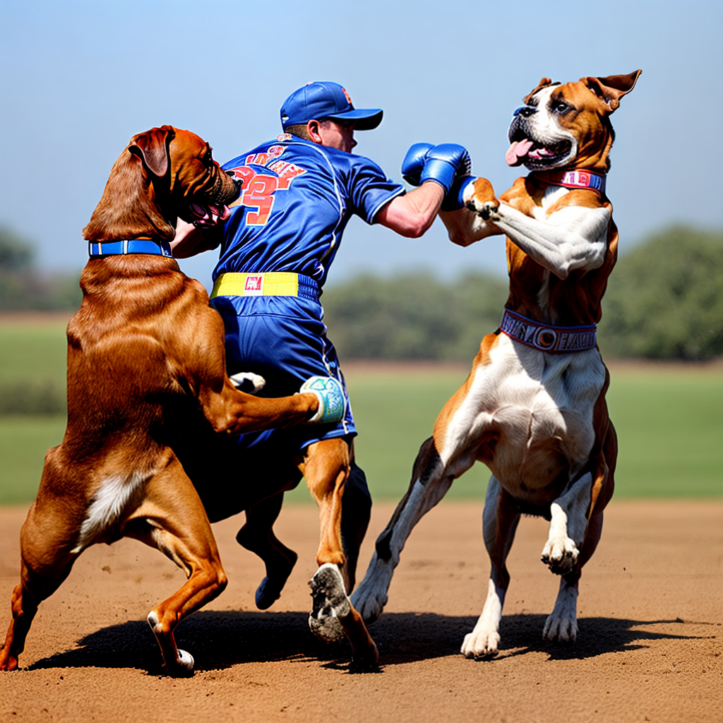 boxer dog punching a sheriff in uniform with boxing gloves