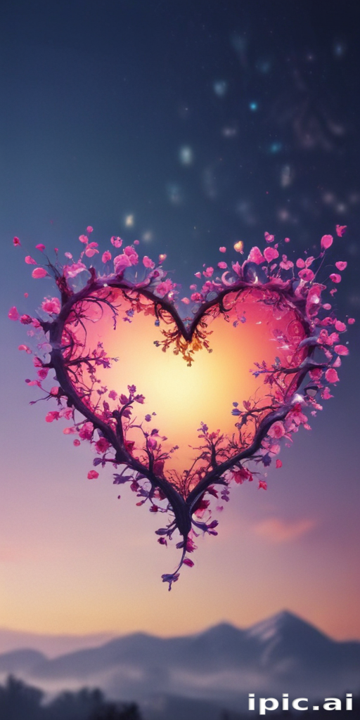 A Beautiful Heart-Shaped Tree Surrounded by Blossoms at Sunset