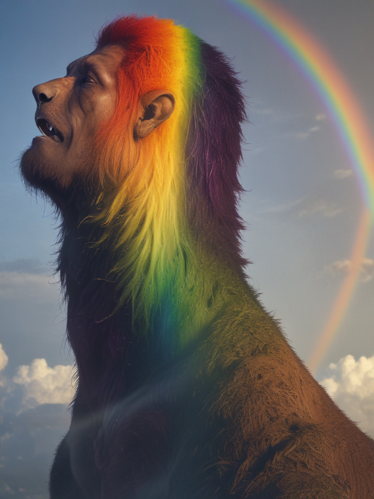 A Majestic Lion with a Vibrant Rainbow Mane Against a Serene Sky