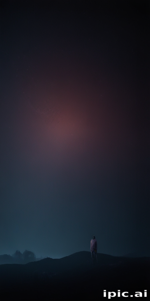 Solitary Figure Gazes at Mysterious Cosmic Landscape Under Dim Red Sky