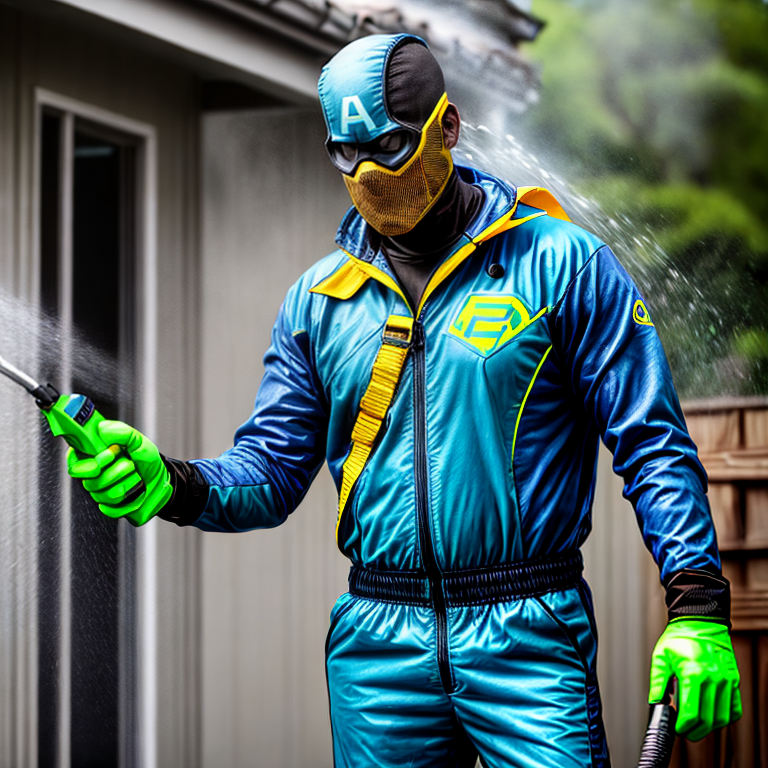 A super hero who is pressure washing a house to remove dirt and grime ...