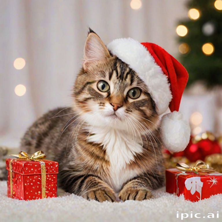 Festive Cat Wearing Santa Hat Surrounded by Colorful Christmas Presents