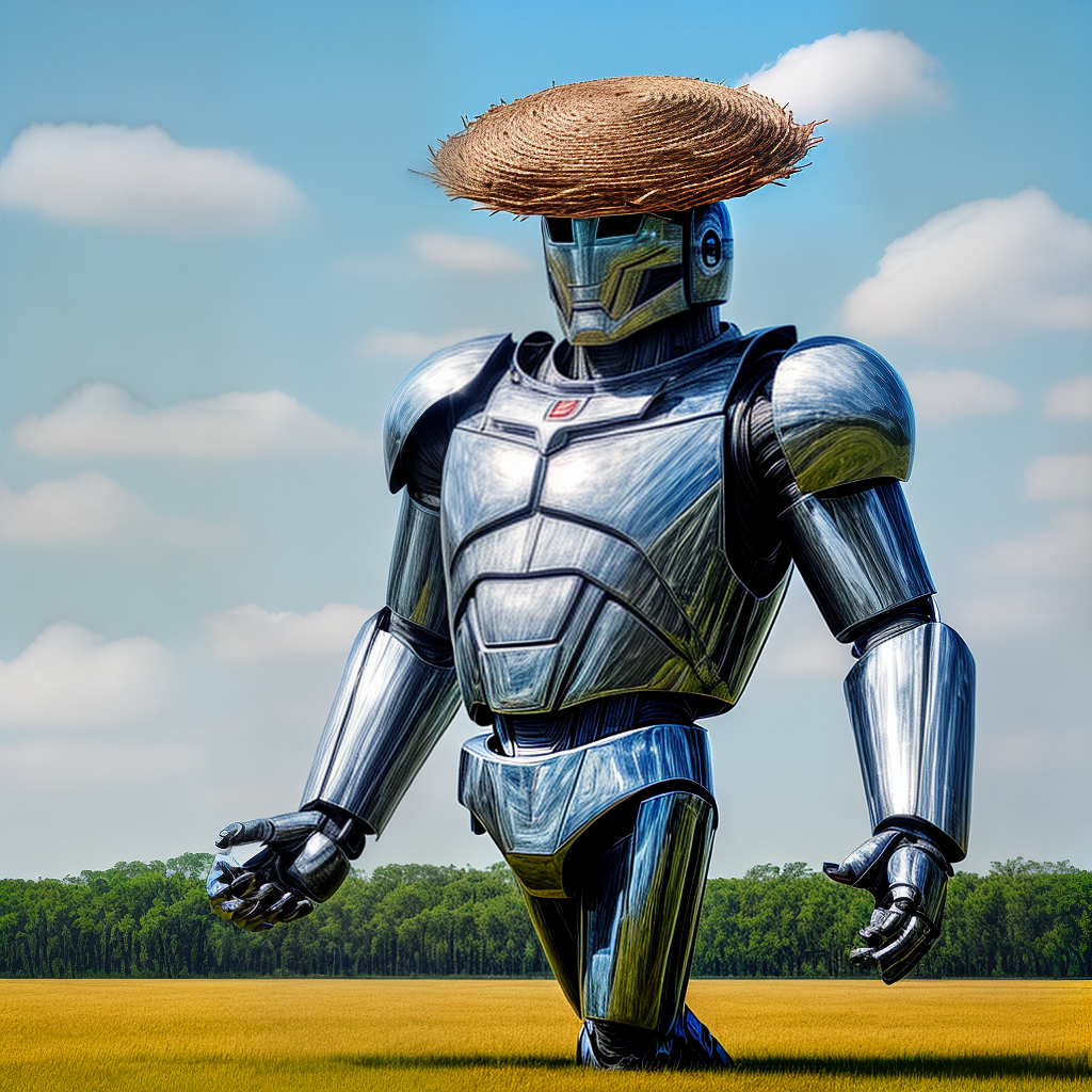 Giant Silver Robot with Straw Hat put on his head