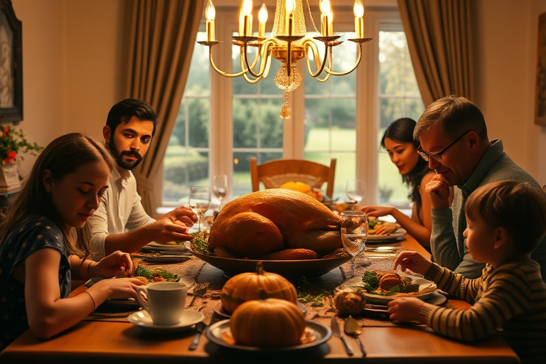 Family Gathering Around a Festive Thanksgiving Dinner with a Roasted Turkey