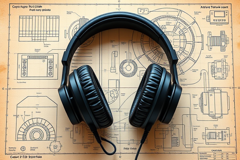 Exploring Sound: A Black Headphone Resting on Technical Blueprint ...
