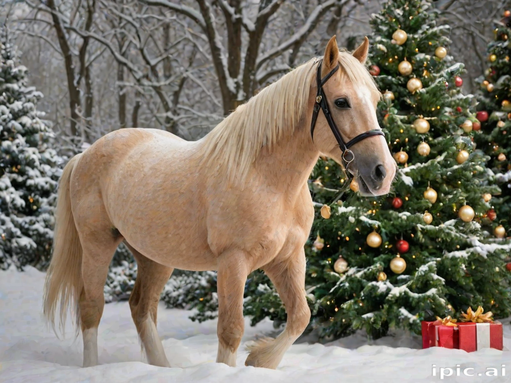 A Beautiful Palomino Horse Standing Gracefully Near a Festive Christmas ...