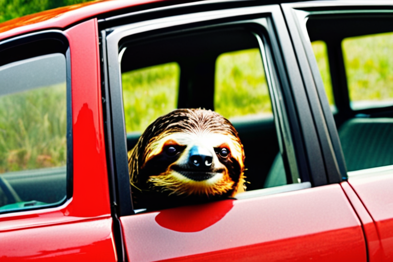 the sloth rides in the car