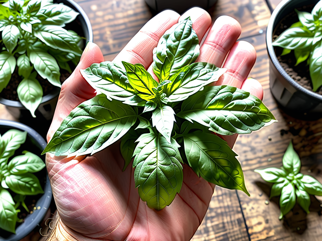 Hand Holding Lush Green Basil Plant Among Potted Plants on Table