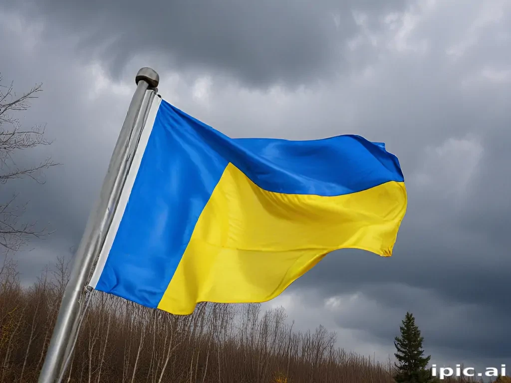 Ukrainian Flag Waves Proudly Against a Dramatic Overcast Sky Background