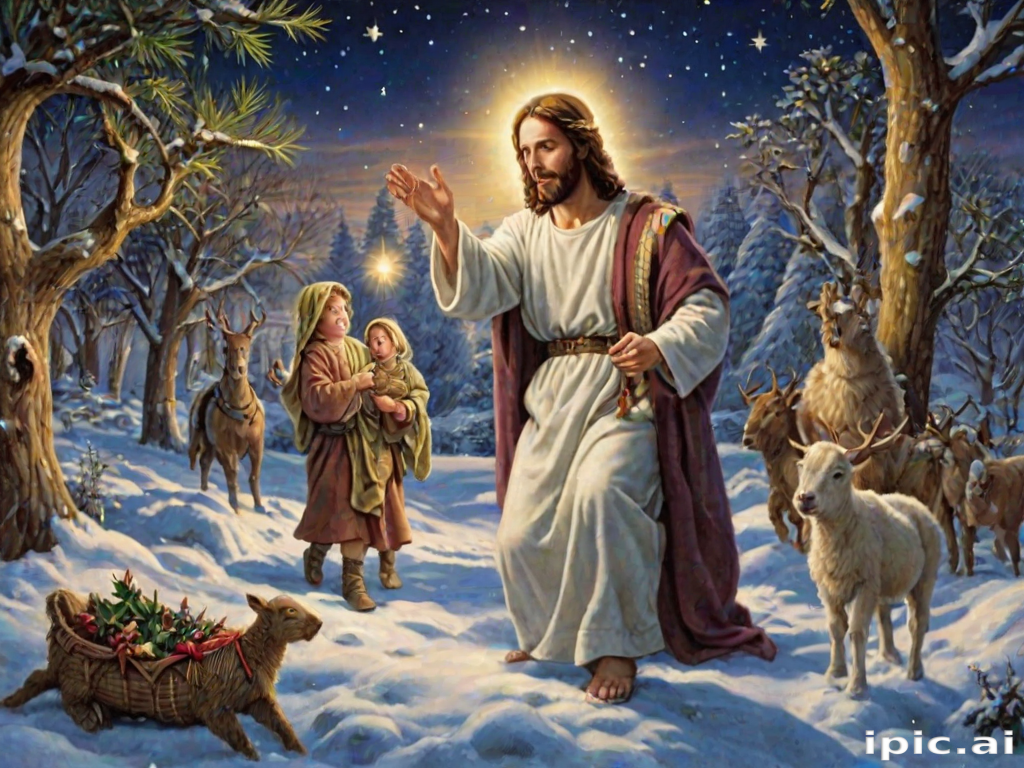 Jesus Christ Guiding Children Through a Magical Snowy Winter Wonderland