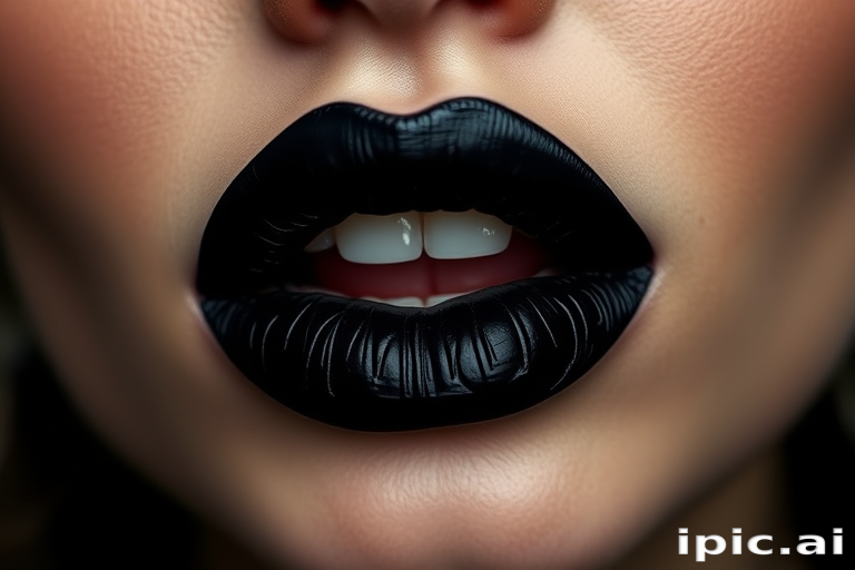 Striking Close-Up of Glossy Black Lips with Intricate Textures and Contrast