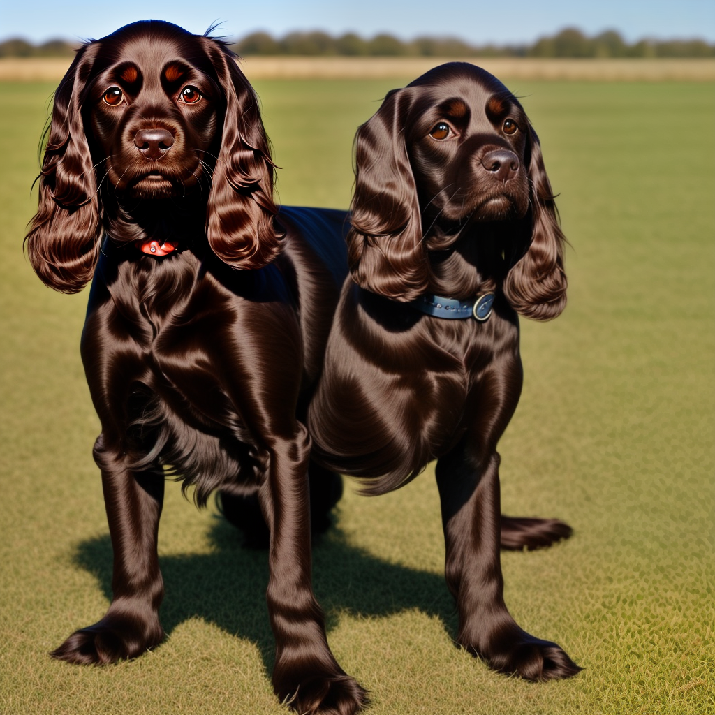 Two Adorable Black Spaniel Dogs Standing Together in a Sunny Meadow.